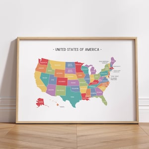 USA Map Rainbow Print, Educational Wall Art, Geography Homeschool ...