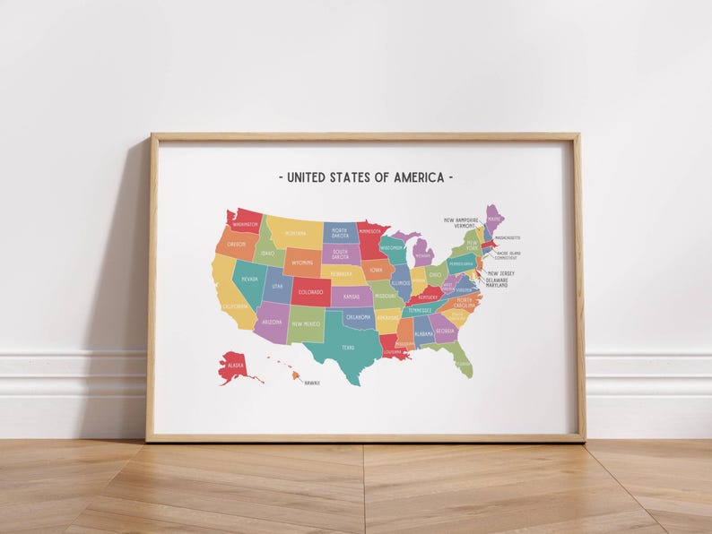 USA Map Rainbow Print, Educational Wall Art, Geography Homeschool ...