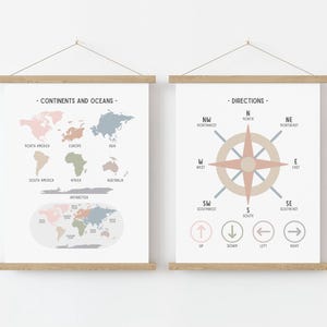 Set of 2 Pastel Geography Educational Posters, Continents Directions ...