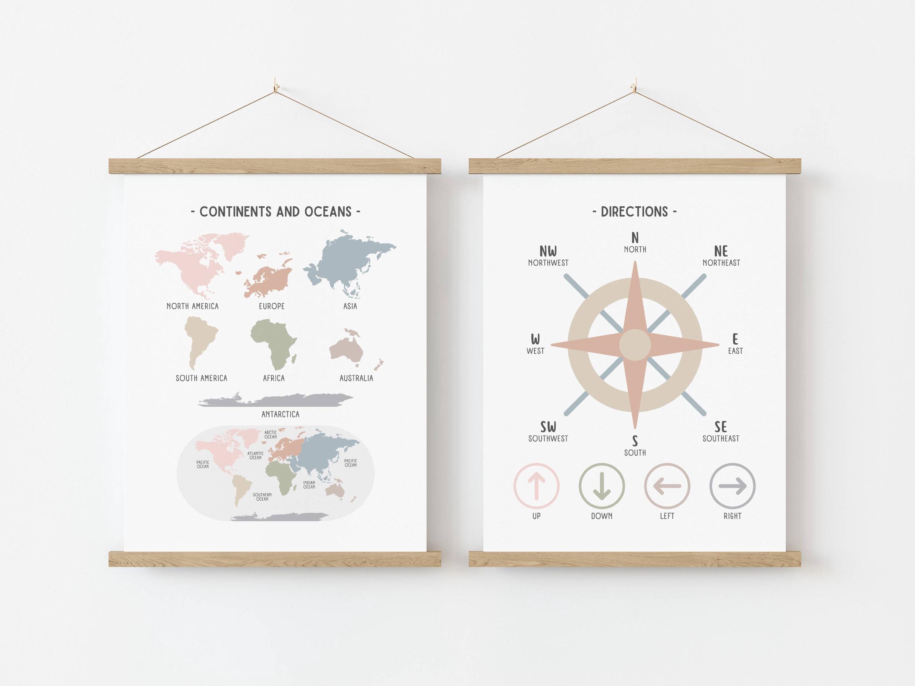 Set of 2 Pastel Geography Educational Posters, Continents Directions ...