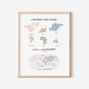 Continents Geography Pastel Poster, World Map Educational Wall Art ...