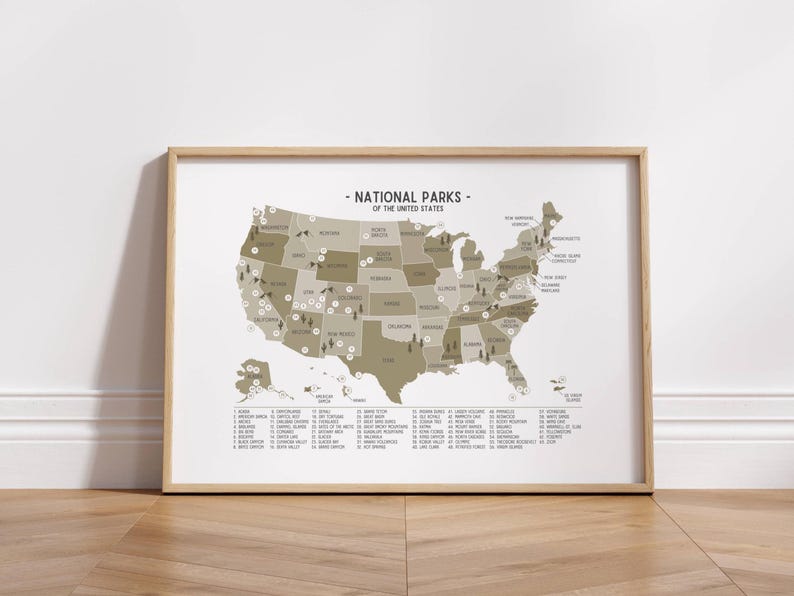 National Parks of the United States Map, USA Wilderness Poster, Hiking ...