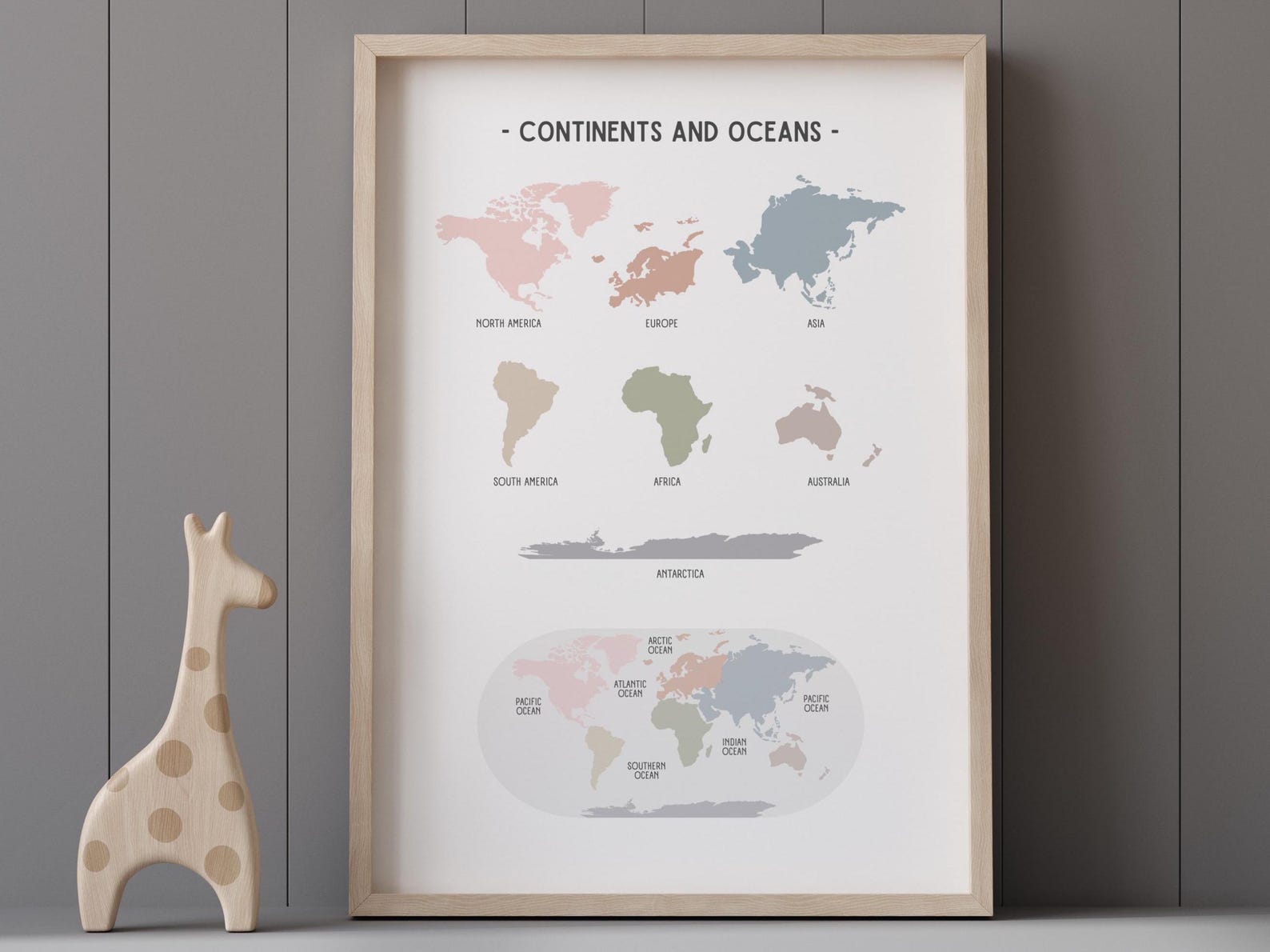 Continents Geography Pastel Poster, World Map Educational Wall Art ...