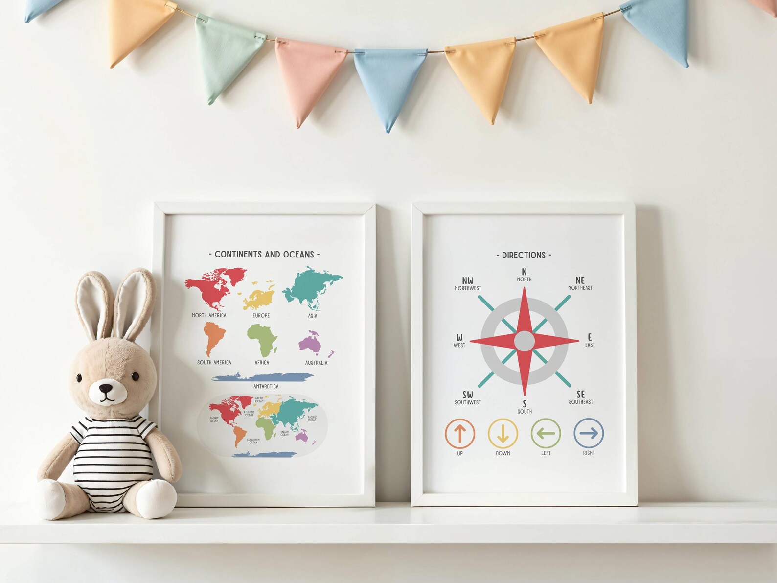 Set of 2 Rainbow Geography Educational Posters, Continents Directions ...