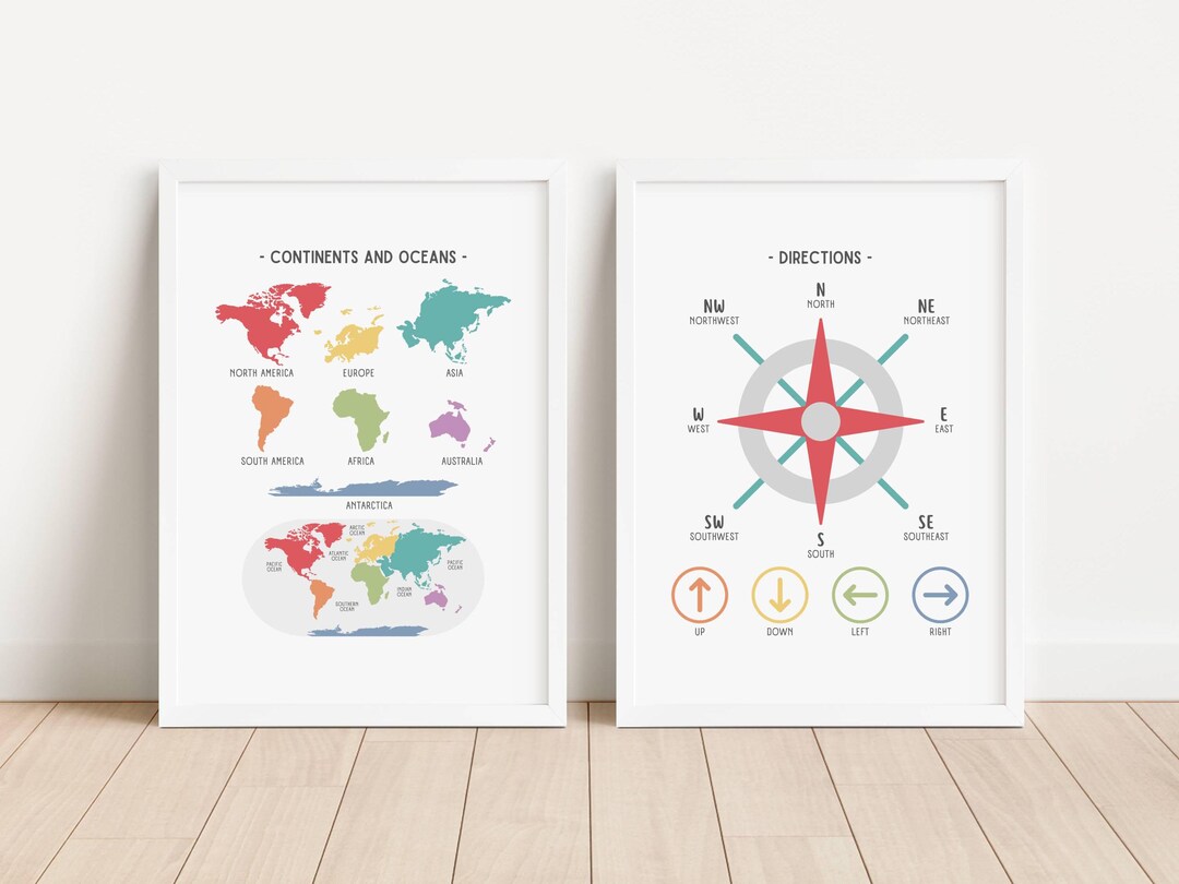 Set of 2 Rainbow Geography Educational Posters, Continents Directions ...