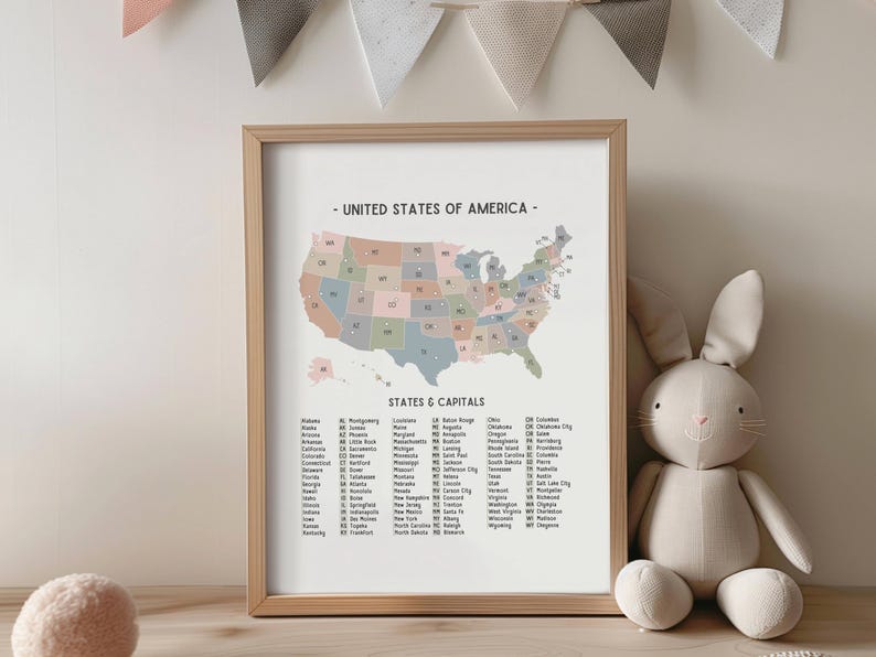 USA Map Educational Poster, Pastel United States Map, Homeschool States ...