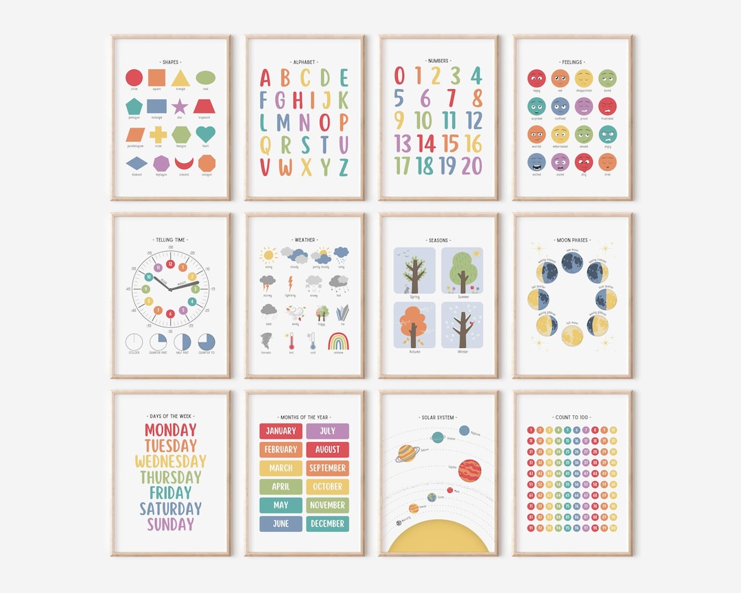 Set of 12 Rainbow Educational Posters, Preschool Classroom Decor Bundle ...