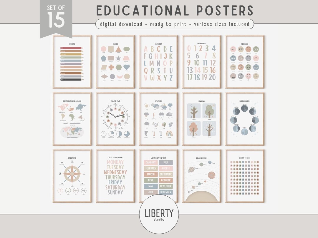 Set of 15 Pastel Educational Poster Bundle, Toddler Preschool Classroom ...