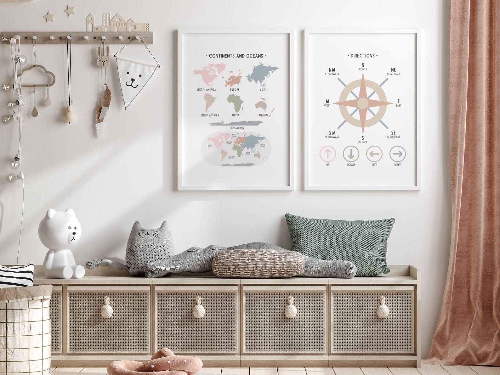 Set of 2 Pastel Geography Educational Posters, Continents Directions ...