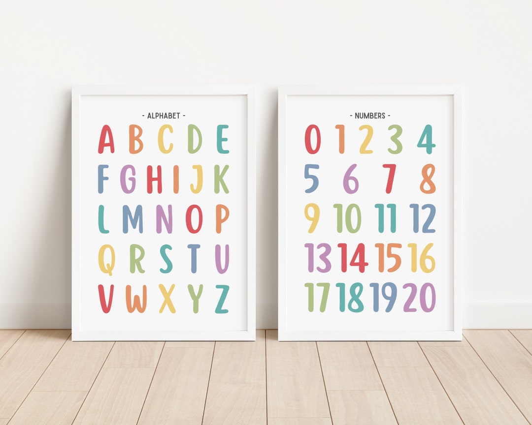 Set of 2 Alphabet Numbers Rainbow Poster, Educational Wall Art ...