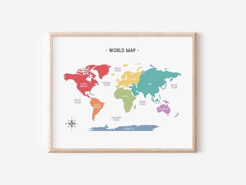 World Map Rainbow Print, Kids Educational Wall Art, Continents ...