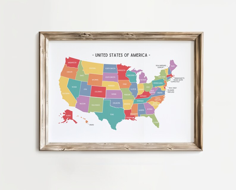 USA Map Rainbow Print, Educational Wall Art, Geography Homeschool ...
