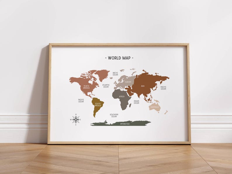World Map Neutral Print, Educational Wall Art, Geography Homeschool ...
