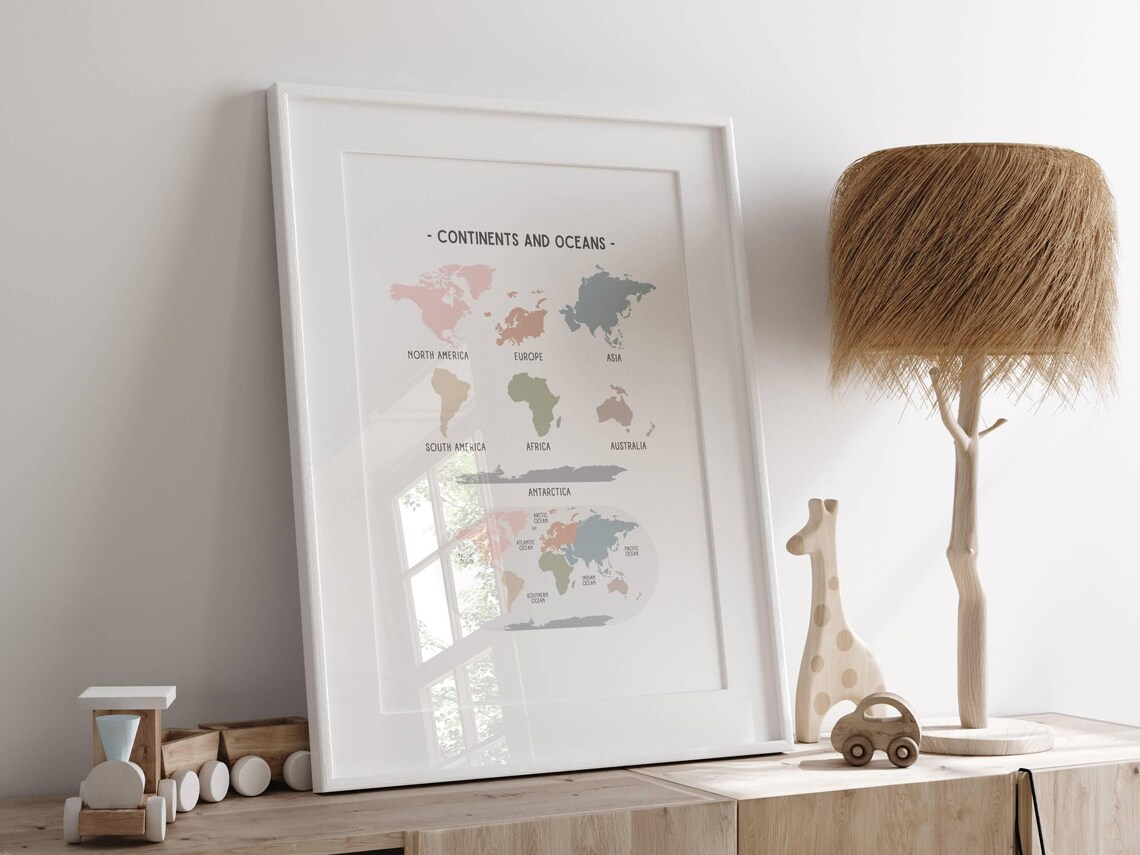 Continents Geography Pastel Poster, World Map Educational Wall Art ...