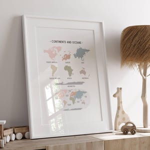 Continents Geography Pastel Poster, World Map Educational Wall Art ...
