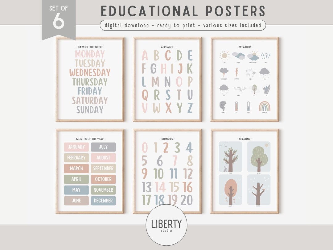 Set of 6 Educational Pastel Posters, ABC Numbers Days Months Weather ...