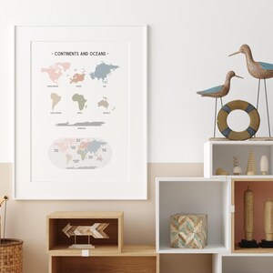 Continents Geography Pastel Poster, World Map Educational Wall Art ...