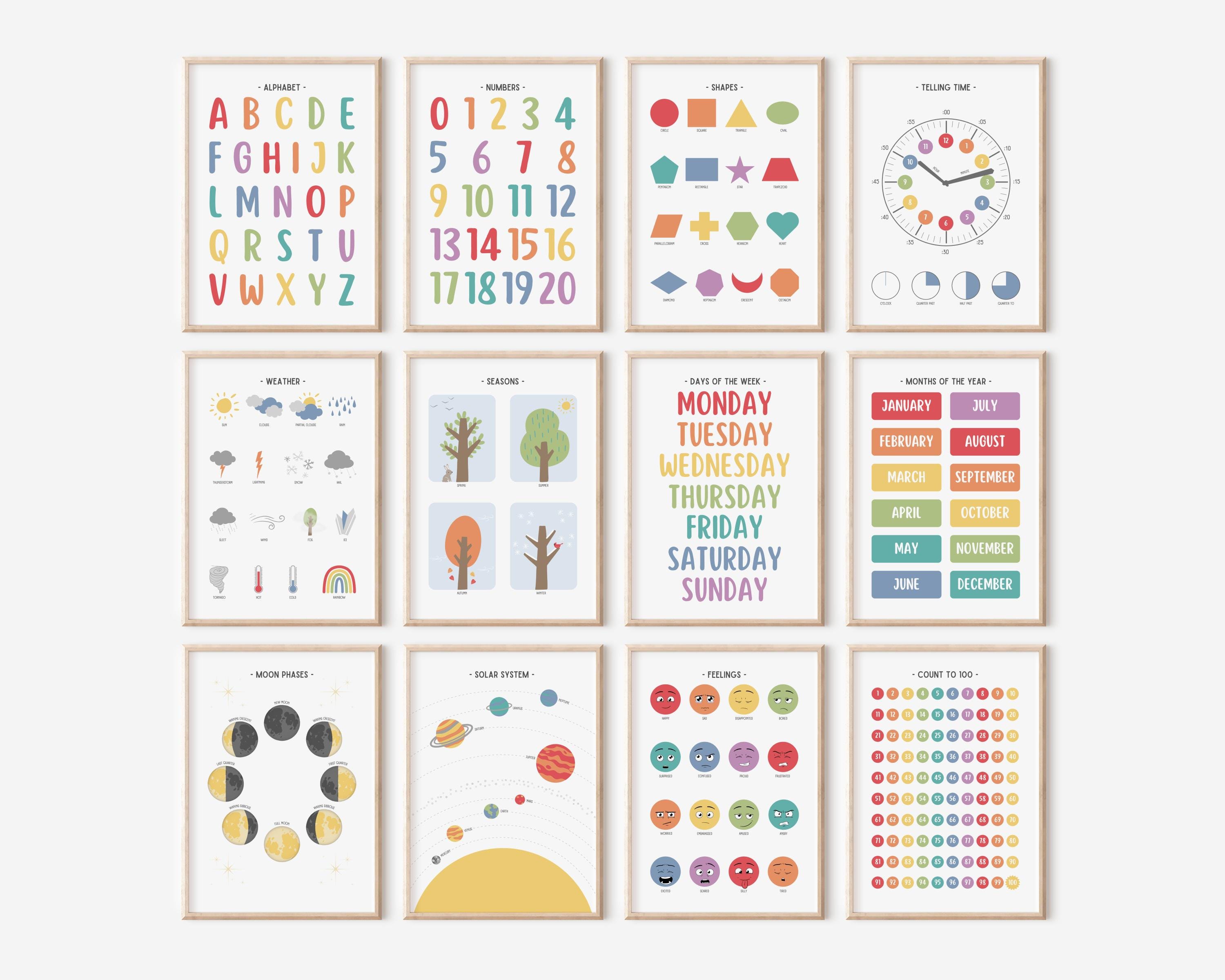 Set of 12 Rainbow Educational Posters, Toddler Preschool Classroom ...