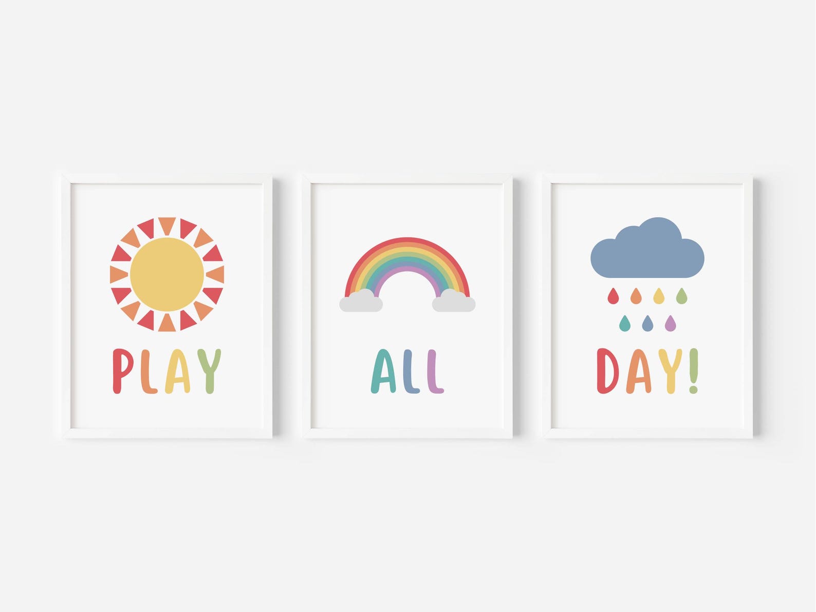 Play All Day Poster Set of 3, Let's Play Nursery Decor, Rainbow ...