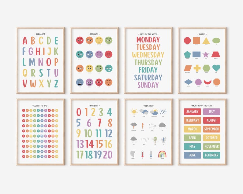 Set of 8 Educational Poster Bundle, Rainbow Preschool Classroom Prints ...
