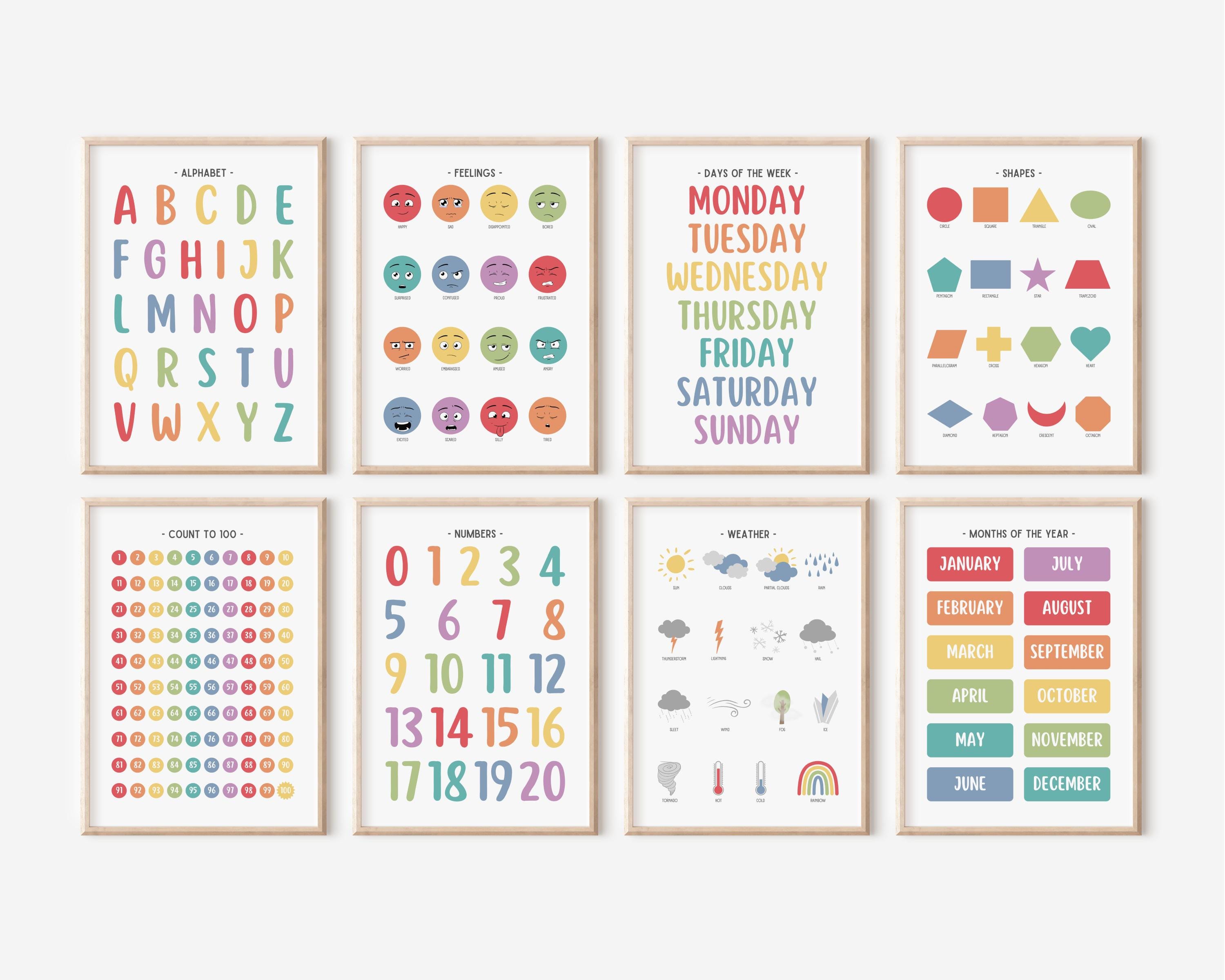 Set of 8 Educational Poster Bundle, Rainbow Preschool Classroom Prints ...