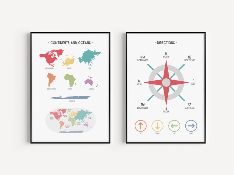 Set of 2 Rainbow Geography Educational Posters, Continents Directions ...