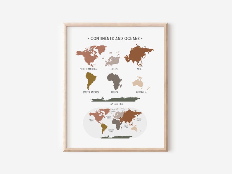 Neutral Continents Geography Poster, World Map Educational Poster ...