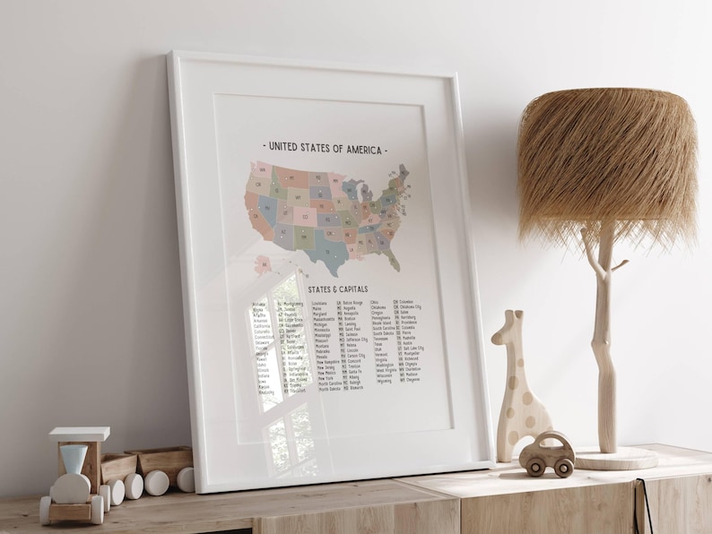 USA Map Educational Poster, Pastel United States Map, Homeschool States ...