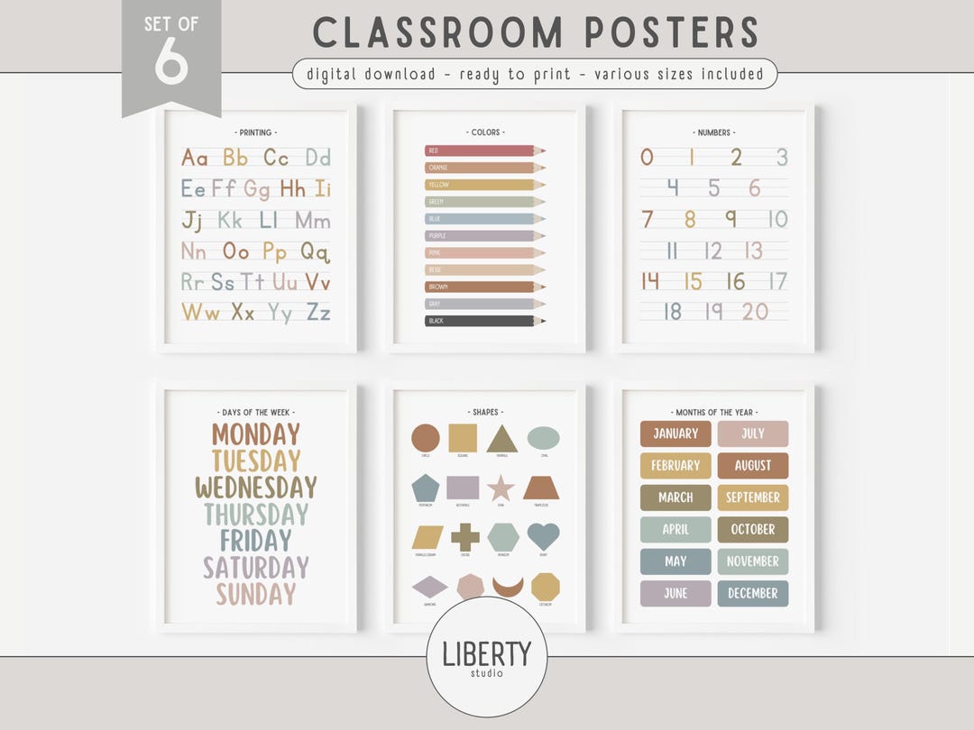 Set of 6 Boho Educational Posters, Muted Rainbow Preschool Classroom ...