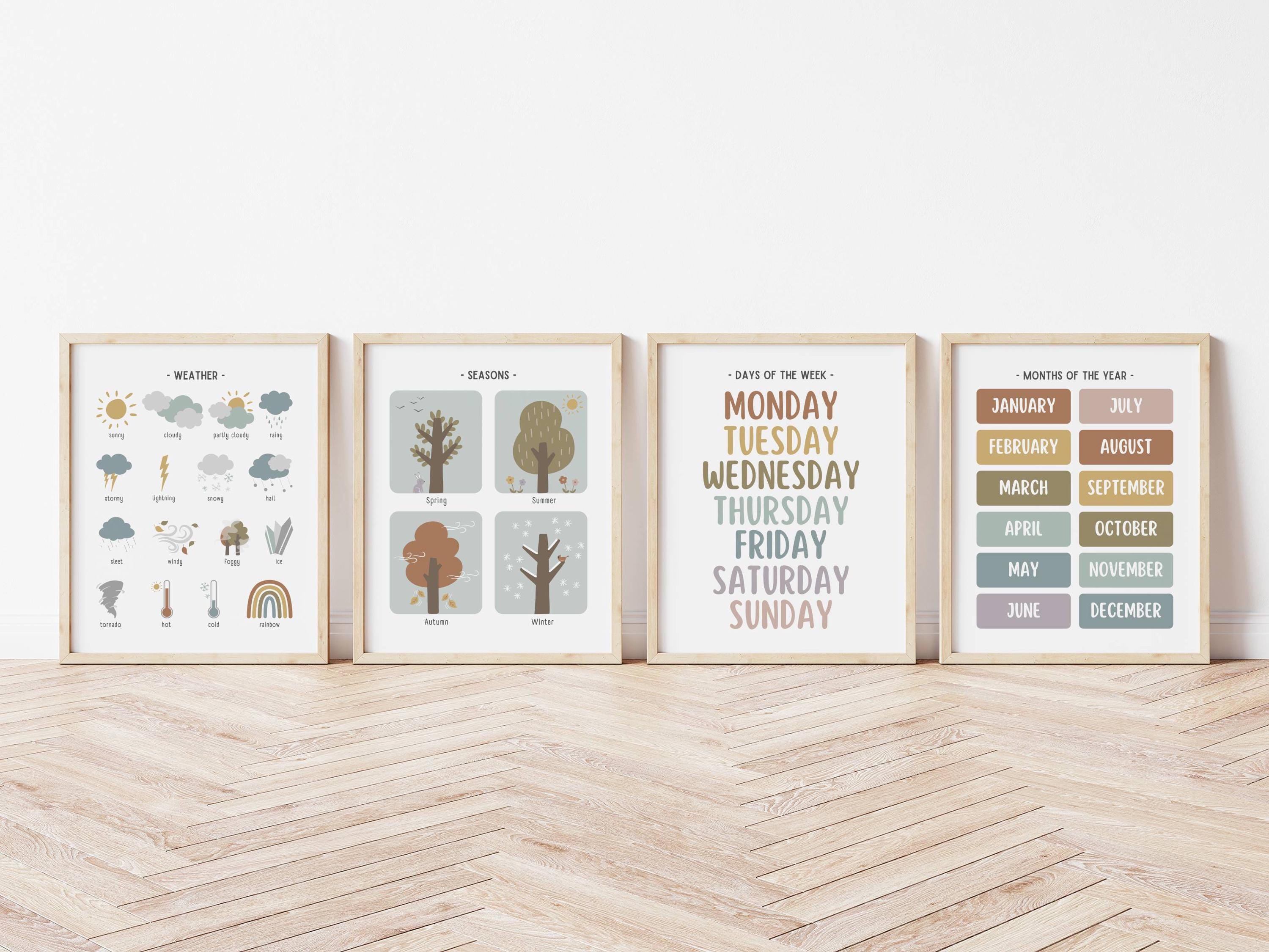 Set of 4 Muted Rainbow Nursery Decor Prints, Days Months Weather ...