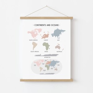 Continents Geography Pastel Poster, World Map Educational Wall Art ...