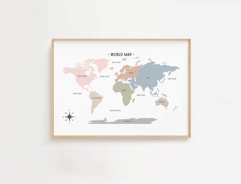 World Map Pastel Print, Educational Wall Art, Geography Homeschool ...