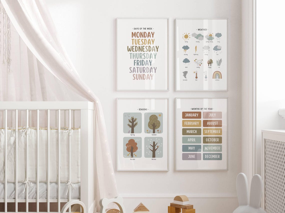 Set of 4 Muted Rainbow Nursery Decor Prints, Days Months Weather ...