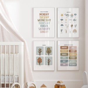 Set of 4 Muted Rainbow Nursery Decor Prints, Days Months Weather ...