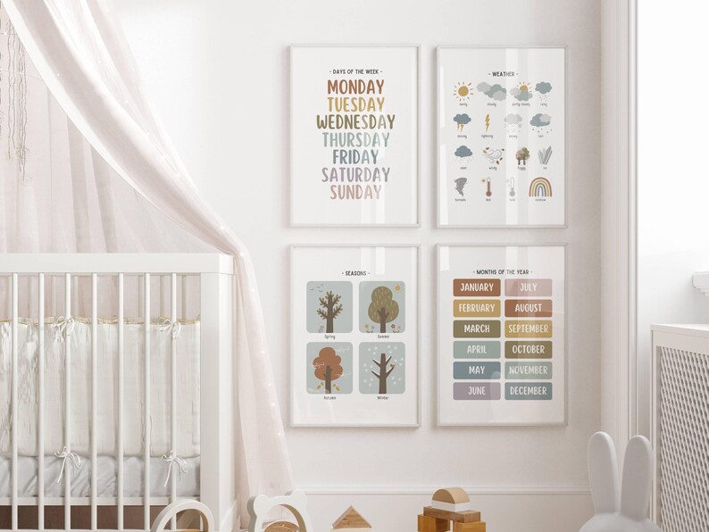 Set of 4 Muted Rainbow Nursery Decor Prints, Days Months Weather ...