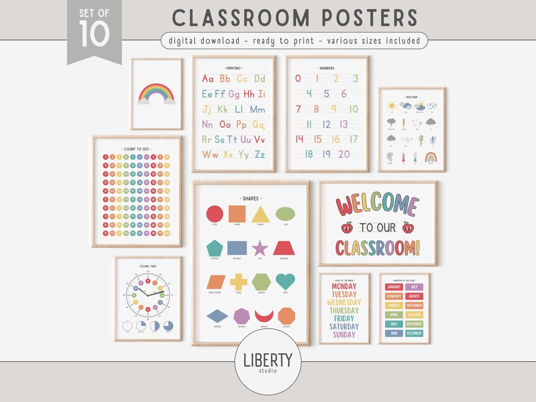 Set of 10 Educational Posters Bundle, Rainbow Preschool Classroom ...