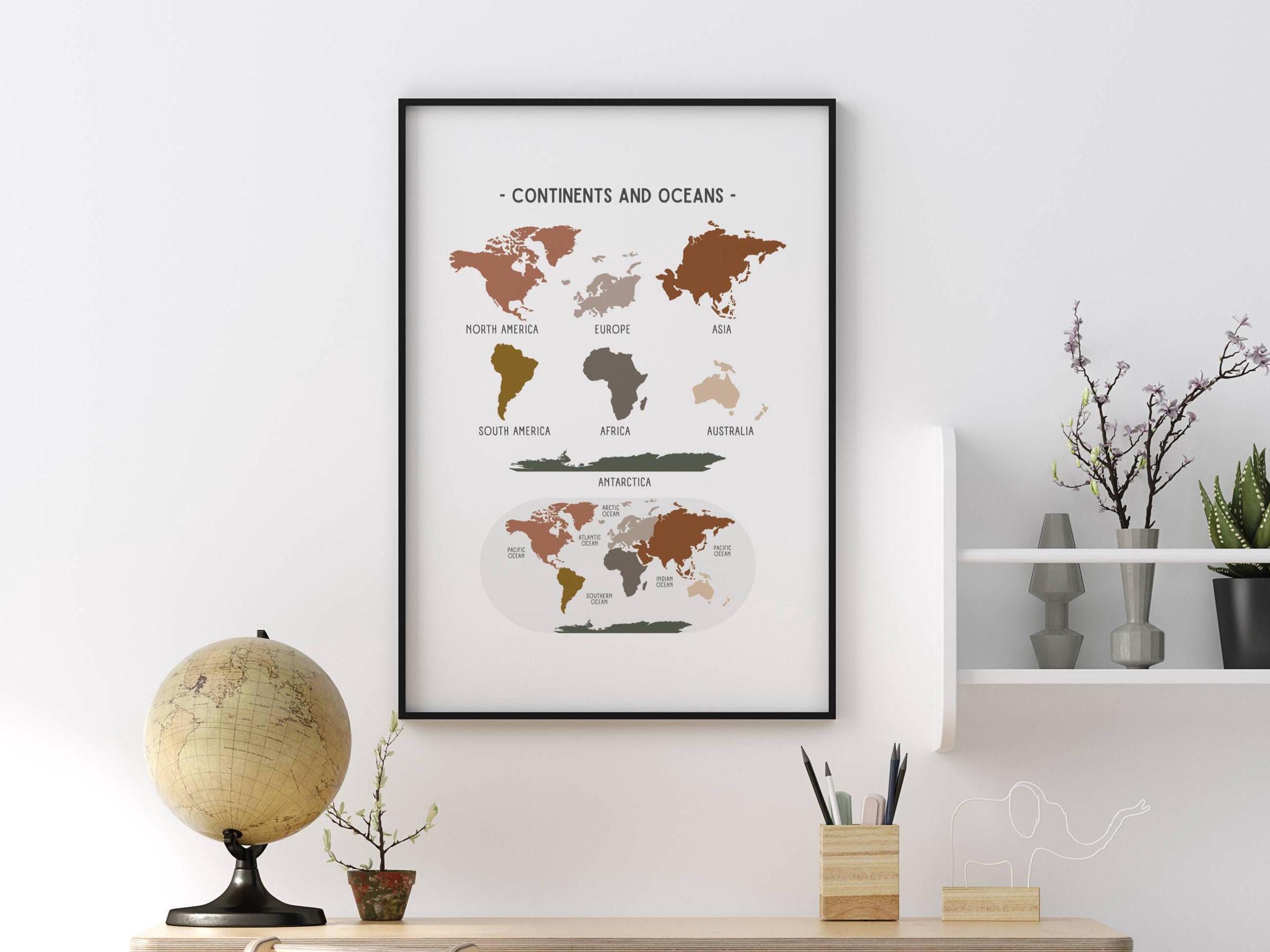 Neutral Continents Geography Poster, World Map Educational Poster ...