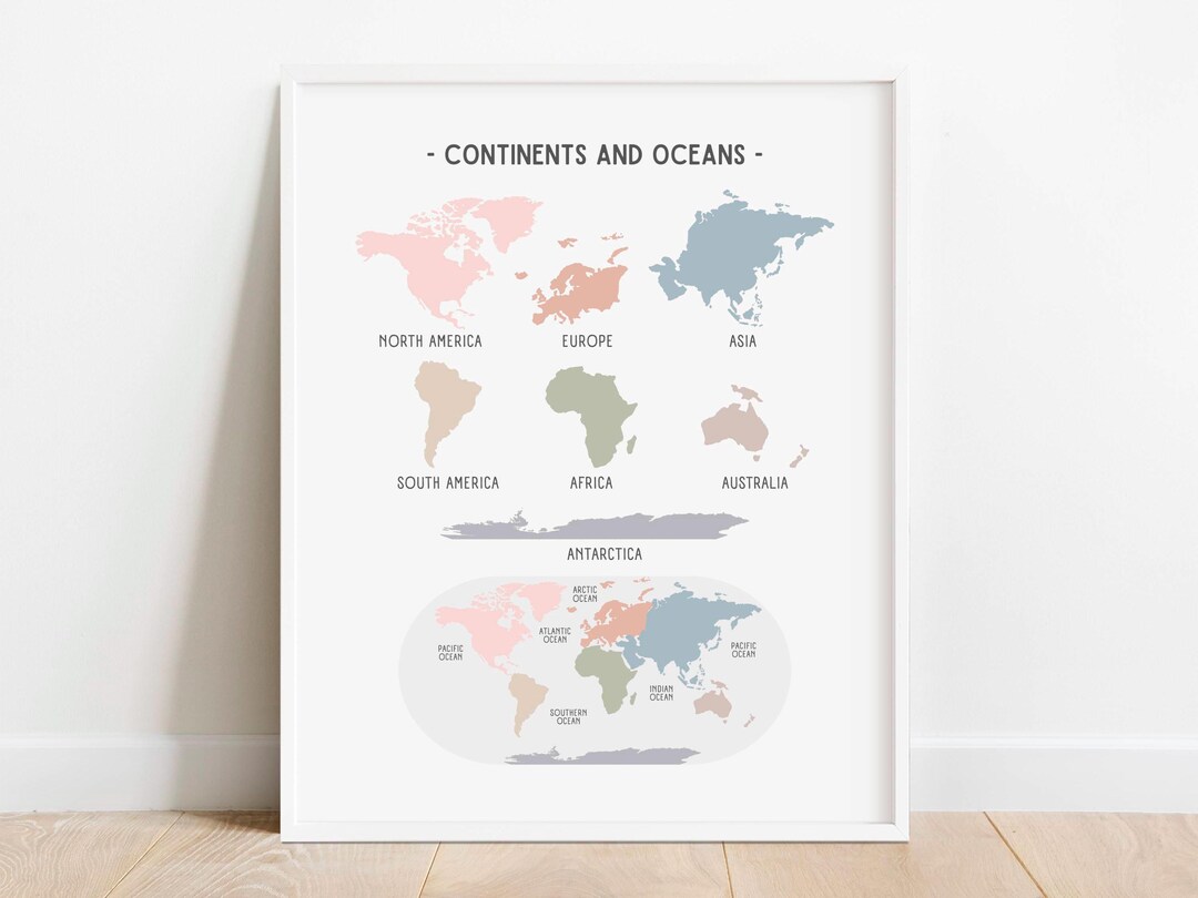Continents Geography Pastel Poster, World Map Educational Wall Art ...