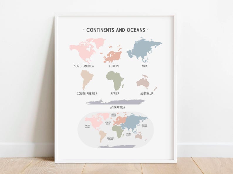Continents Geography Pastel Poster, World Map Educational Wall Art ...