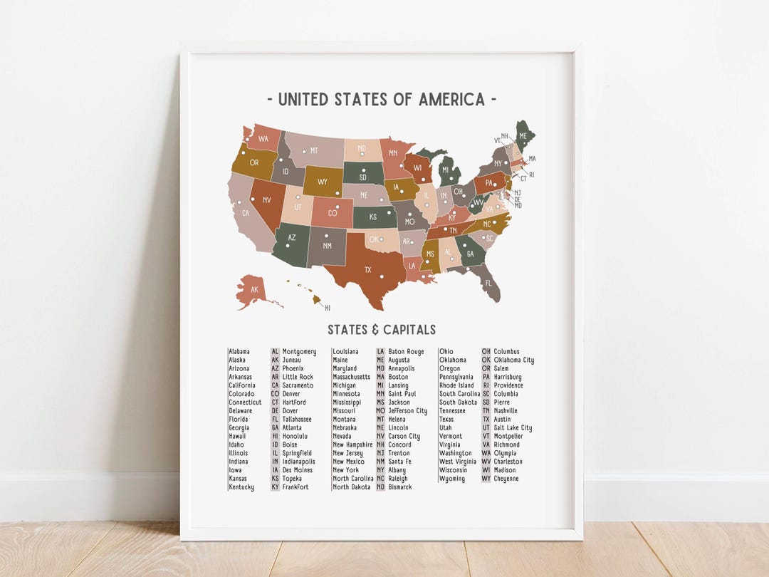 USA Map Educational Poster, Neutral United States Map, States and ...