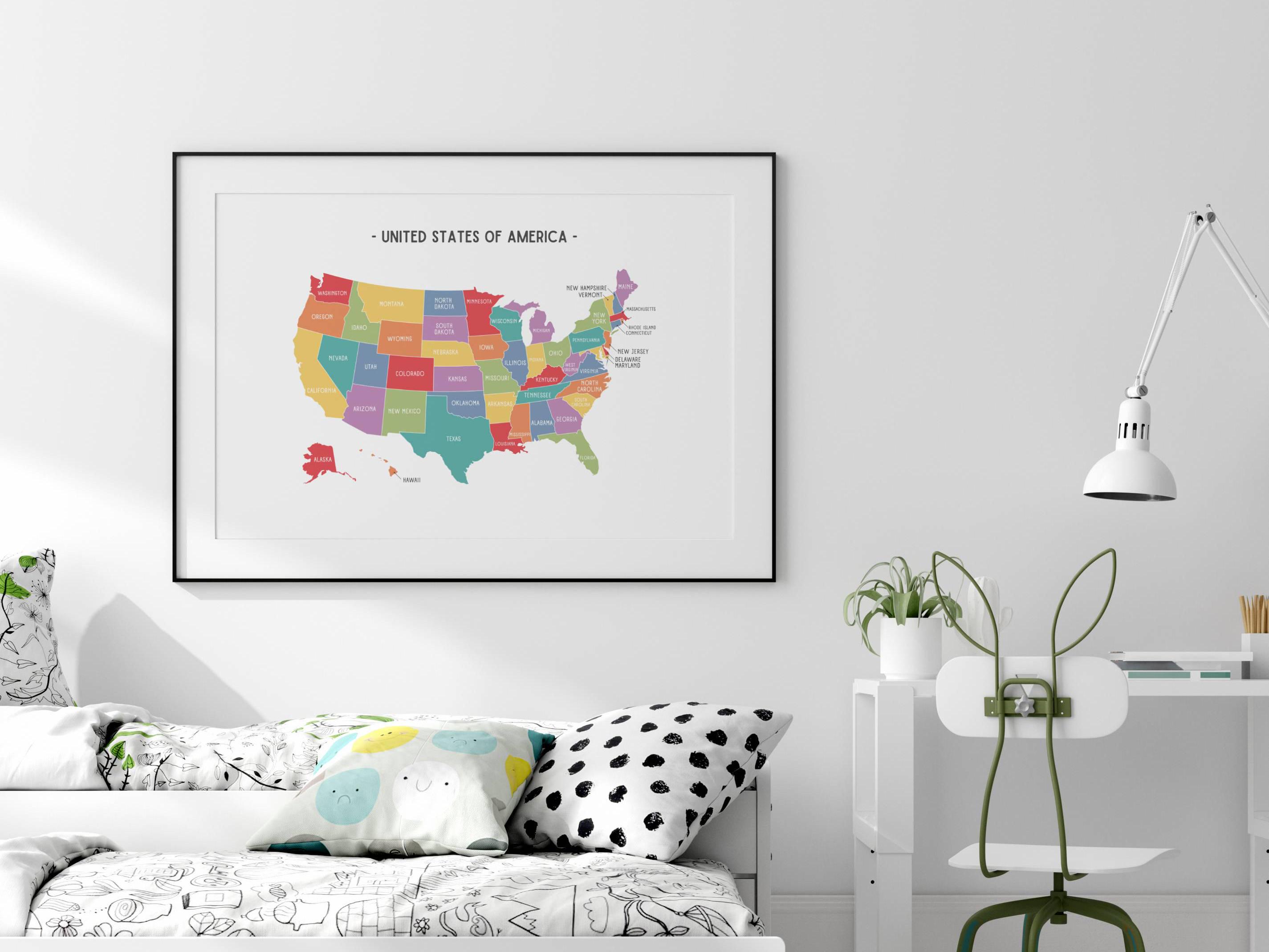 USA Map Rainbow Print, Educational Wall Art, Geography Homeschool ...