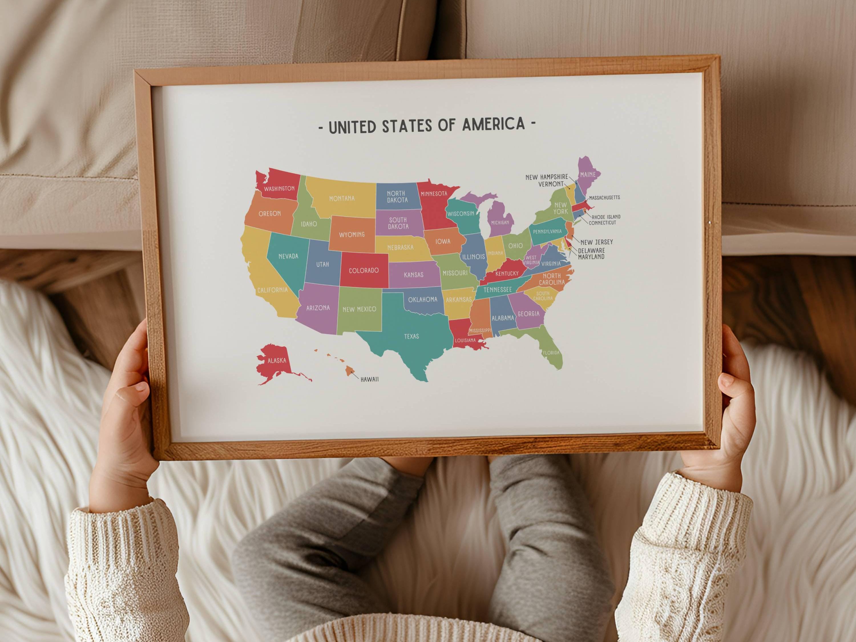 USA Map Rainbow Print, Educational Wall Art, Geography Homeschool ...