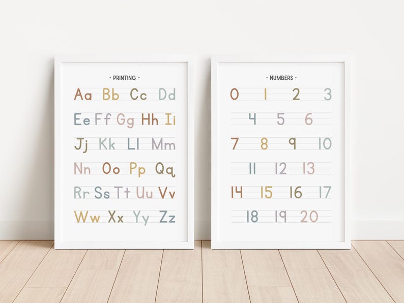 Set of 2 Handwriting Charts Alphabet Numbers Muted Rainbow Posters ...
