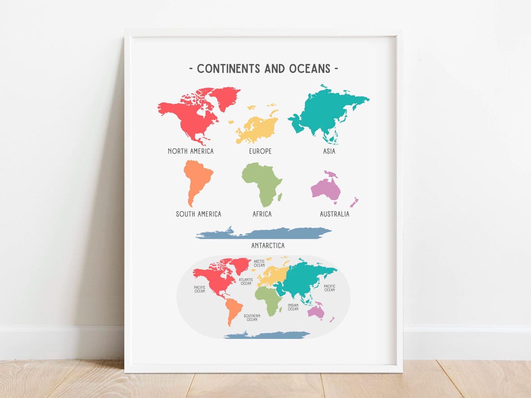 Rainbow Continents Geography Poster, World Map Educational Poster ...