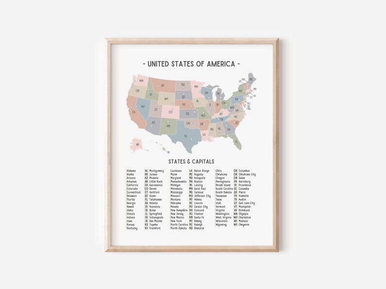 USA Map Educational Poster, Pastel United States Map, Homeschool States ...