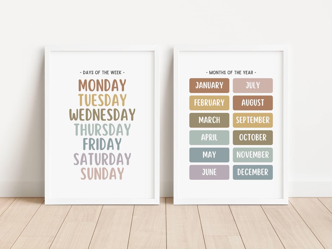 Set of 2 Muted Rainbow Days of the Week and Months Posters, Homeschool ...