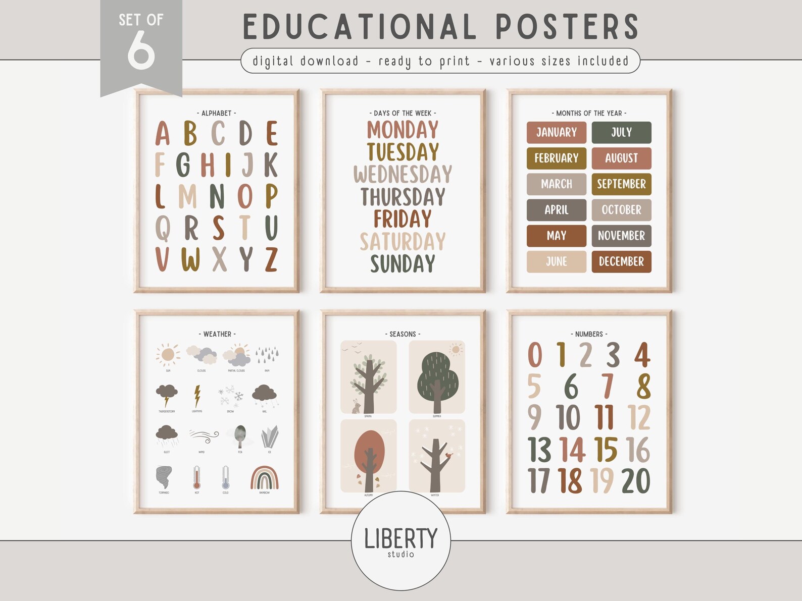 Set of 6 Educational Posters, Neutral ABC Numbers Days Months Weather ...
