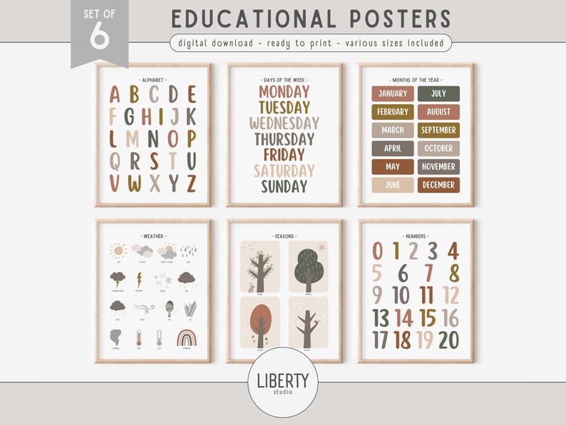 Set of 6 Educational Posters, Neutral ABC Numbers Days Months Weather ...