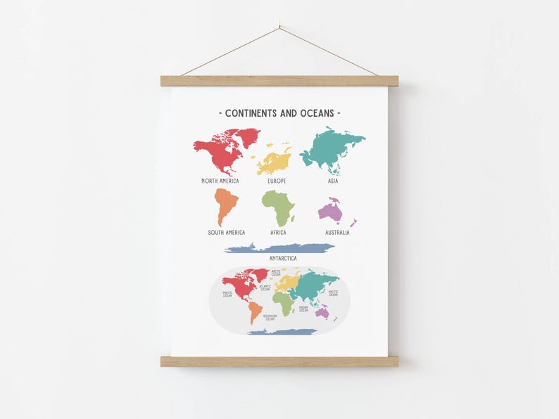 Rainbow Continents Geography Poster, World Map Educational Poster ...