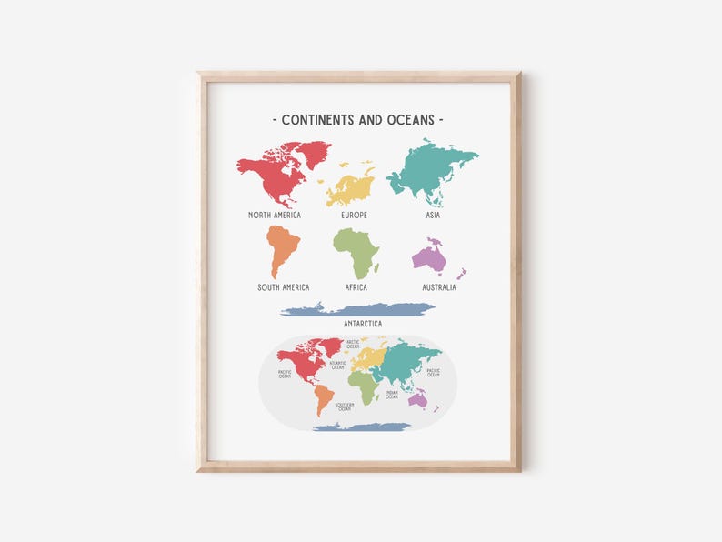 Rainbow Continents Geography Poster, World Map Educational Poster ...